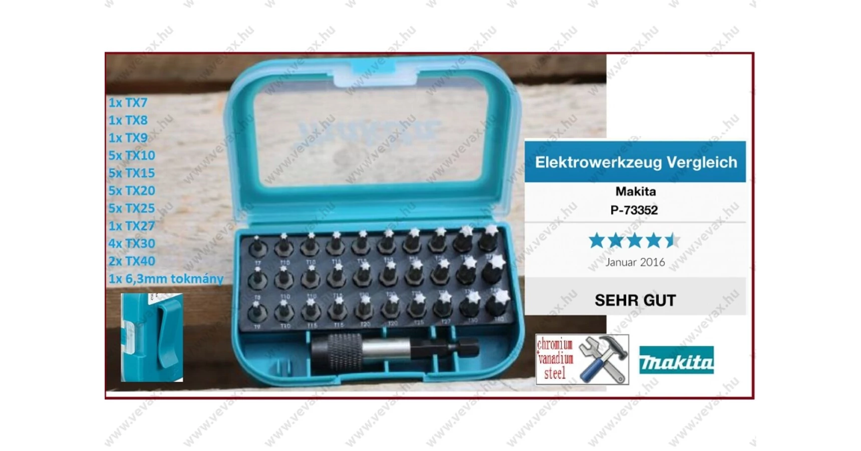 31db-os MAKITA Ipari TORX BIT FEJ CSAVARBEHAJTÓ KÉSZLET 25mm TORX S2 ...