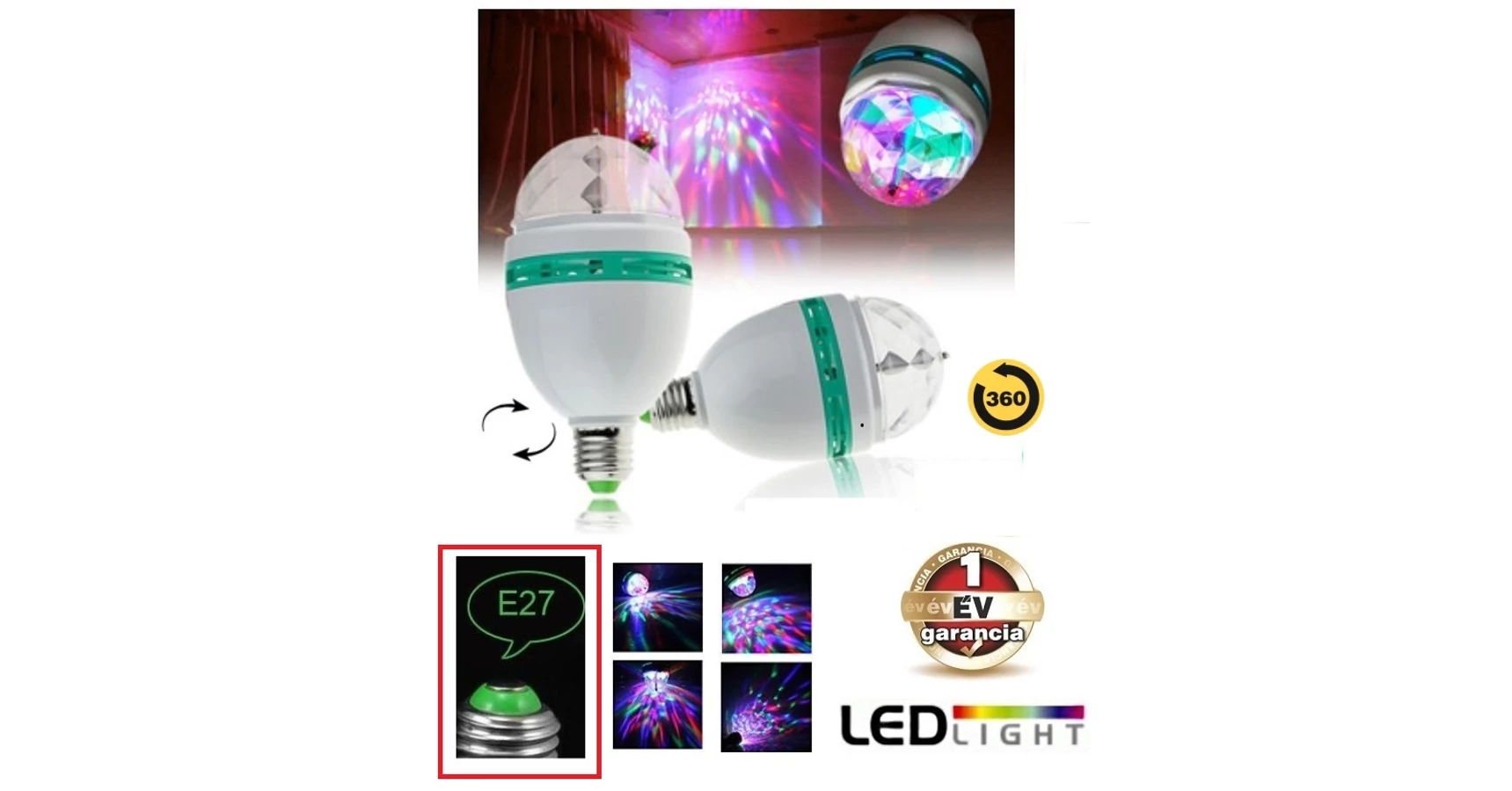 RGB SZÍNES FORGÓ DJ LED LÁMPA DISCO PARTY DISZKÓ FÉNY E27 IZZÓ